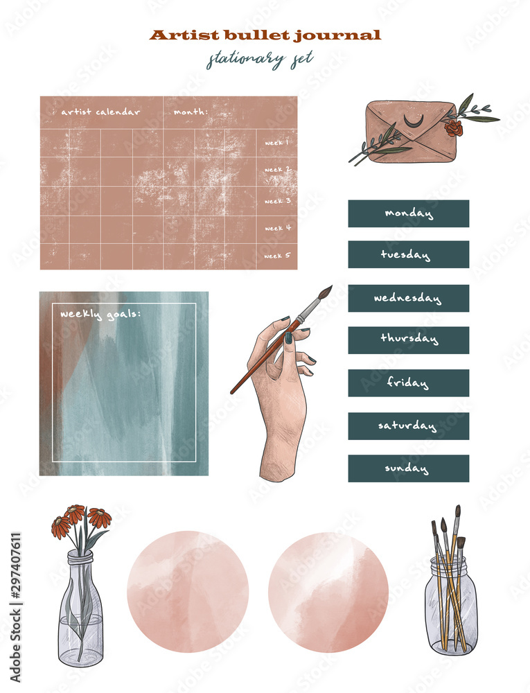 Artist bullet journal collection. Days of the week, planning, notes ...