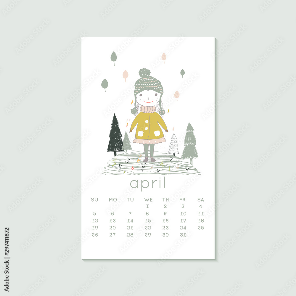 Cute design for calendar 2020, spring months with girl and trees. Week ...