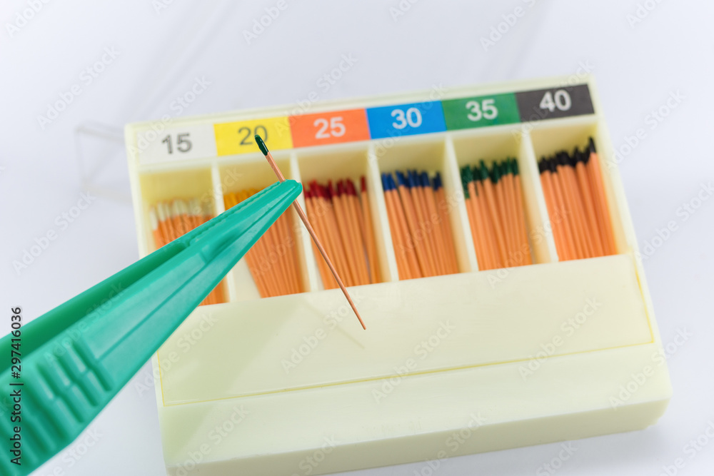 gutta-percha pins in a set of different sizes for root canal fillings ...