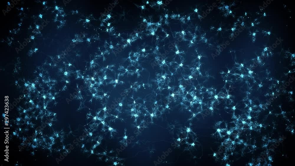 Journey through brain and network of neuron cells and synapses. Flying ...