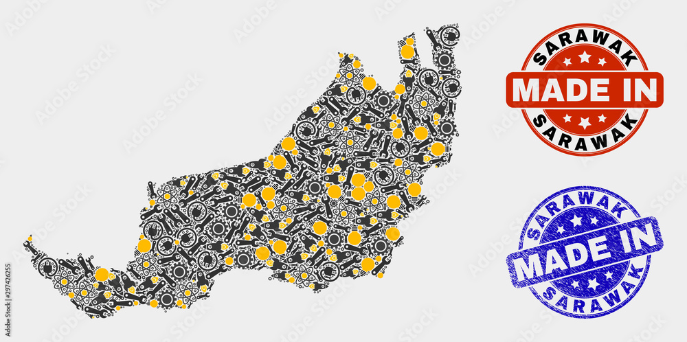 Mosaic industrial Sarawak State map and blue Made In grunge stamp ...