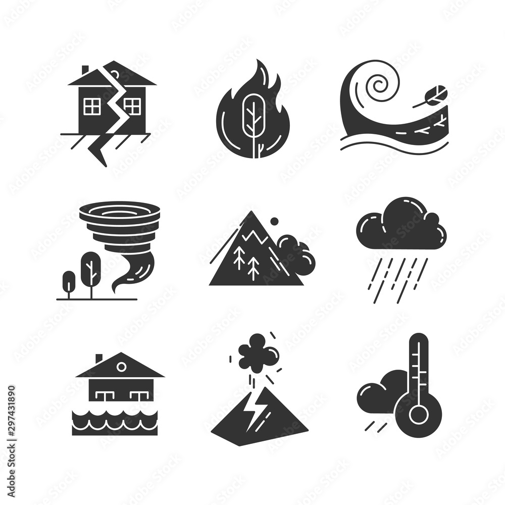 Natural disaster glyph icons set. Global catastrophes. Earthquake ...