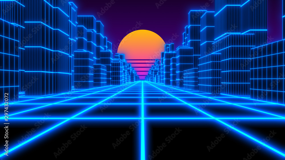 Blue city Synthwave retro futuristic 80's neon cyber landscape with ...