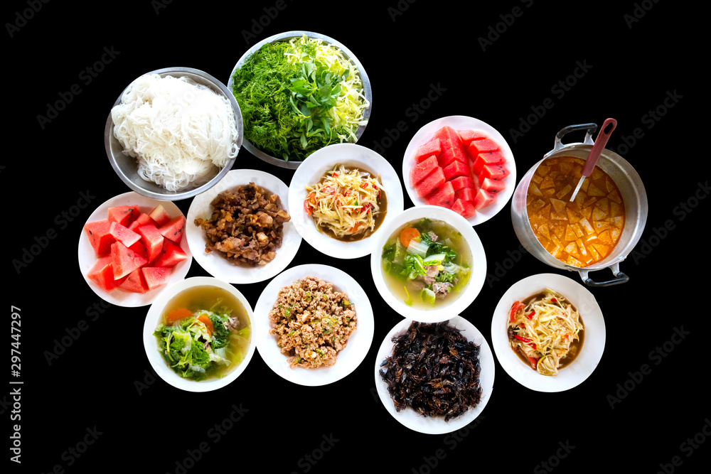 top view set of thai food isolated on black background.Tropical food of ...