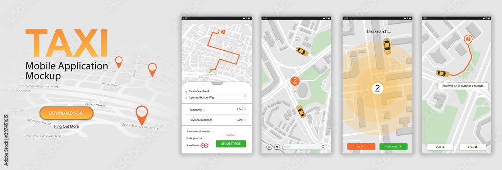 Taxi mobile application, call a car online. UI, UX, KIT App. Mobile ...
