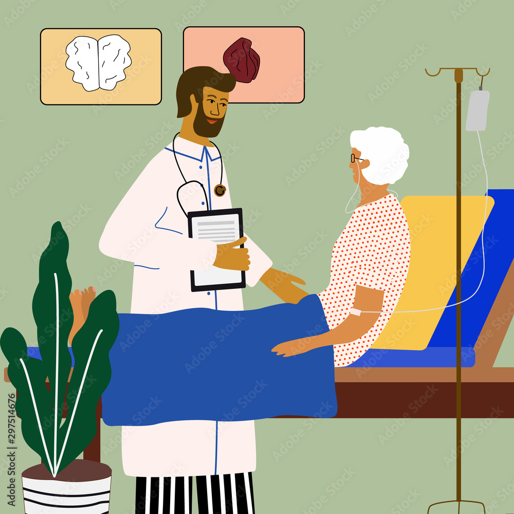 Doctor visit and examining old woman who lying in bed with dropper ...