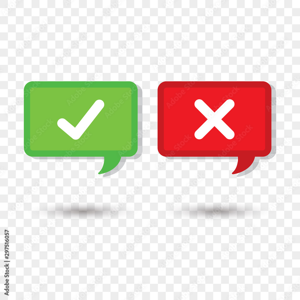 Check box list icons true and false set, green and red isolated on ...