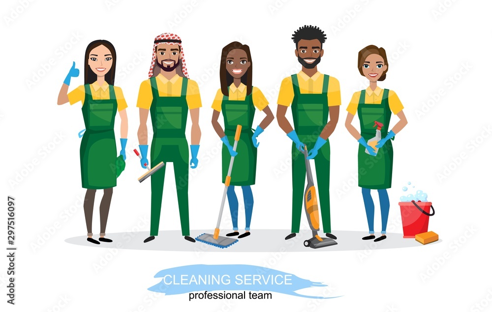 Professional cleaners team. Young multiracial smiling people are ...