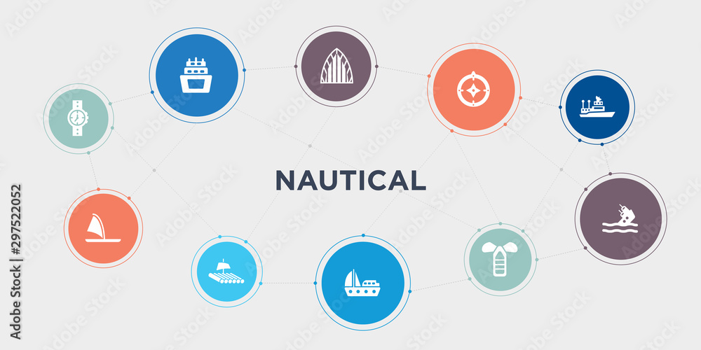 nautical 10 points circle design. water resist watch, windsurf board ...