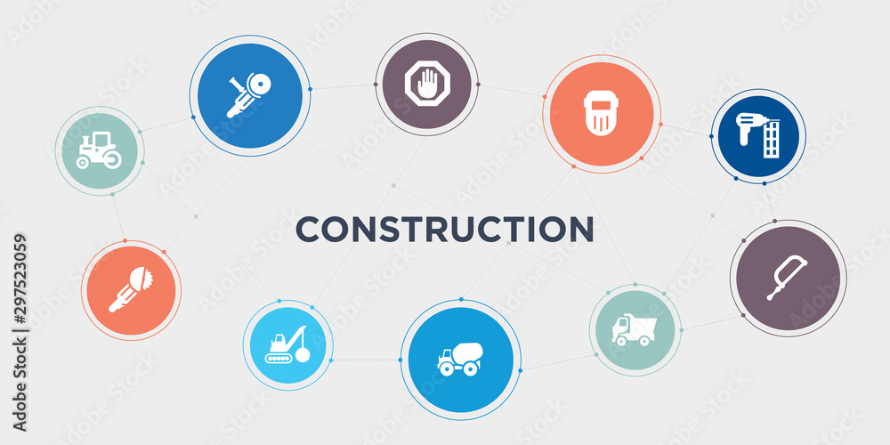 construction 10 points circle design. steamroller, circular saw ...