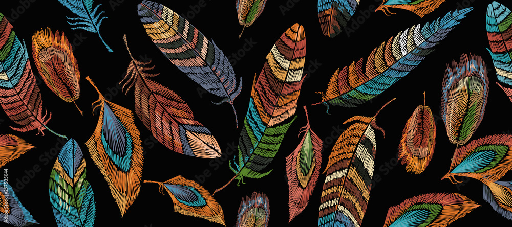 Color feathers horizontal seamless pattern. Classic embroidery ...