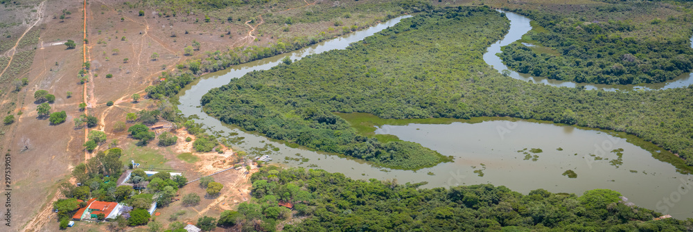 Panoramic areal view of typical Pantanal landscape, meandering tropical ...