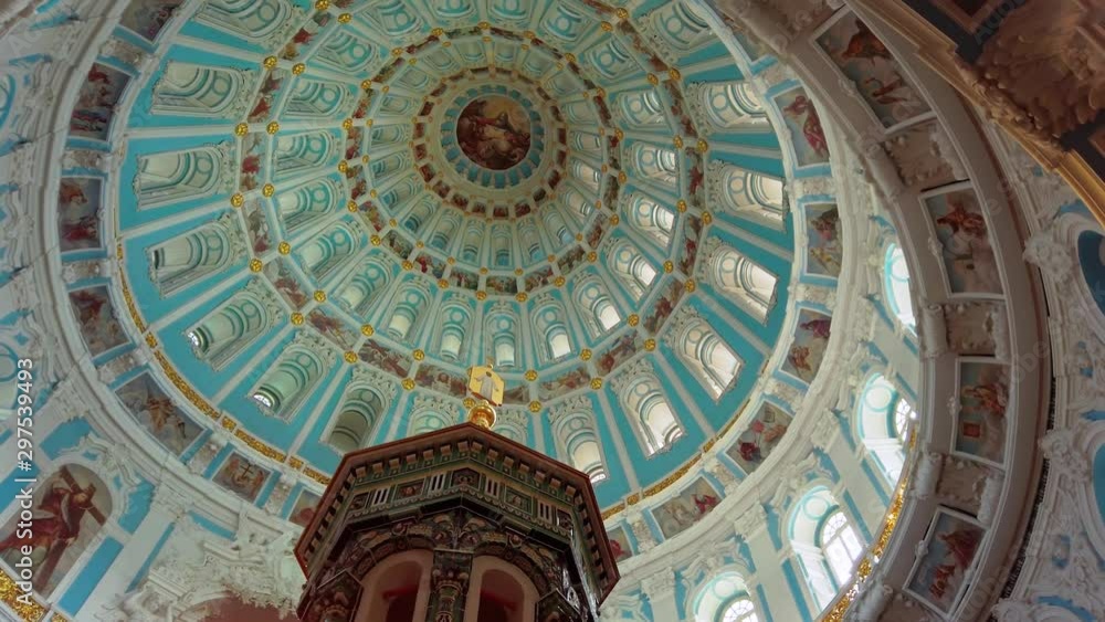 Turn around altar golden cross coffin of God inside decoration dome ...