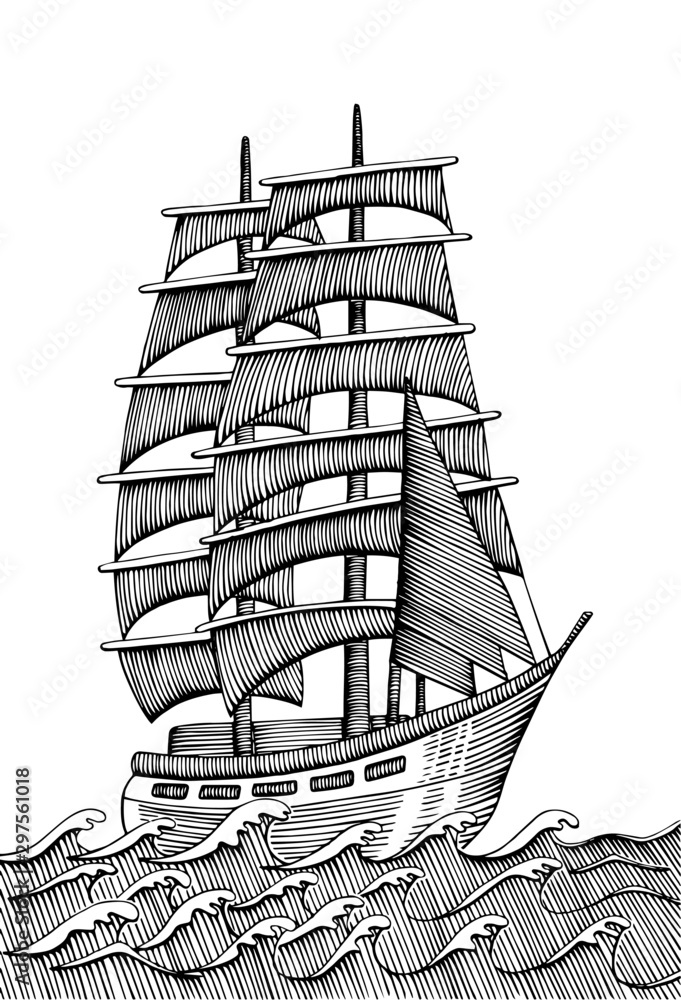 vintage hand drawn line art ship in sea engraved Stock Vector | Adobe Stock