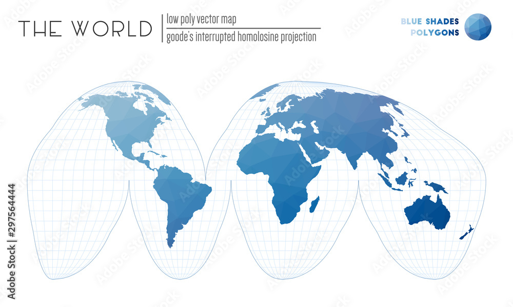 World map with vibrant triangles. Goode's interrupted homolosine ...