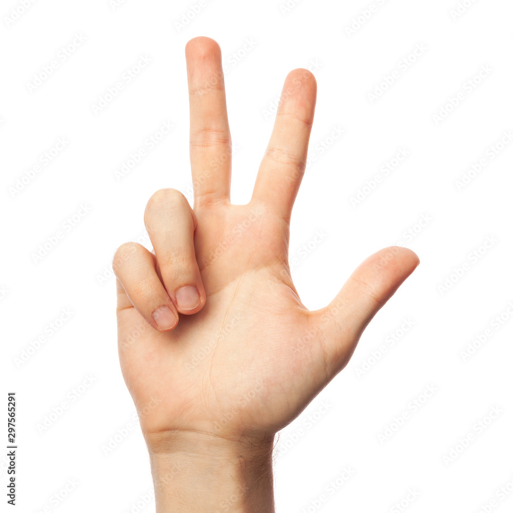 Finger spelling number 3 in American Sign Language on white background ...