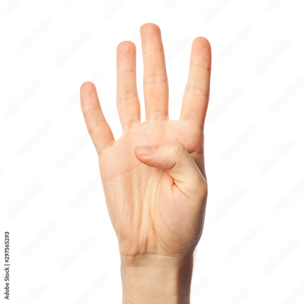 Finger spelling number 4 in American Sign Language on white background ...