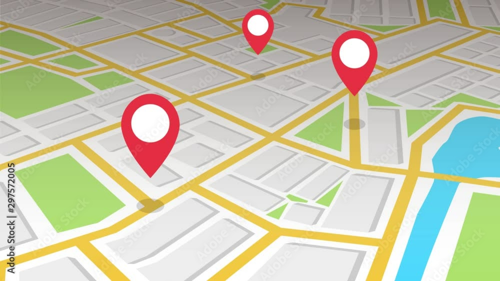 Navigation map and three red checkpoints icon. Loop animation on white ...