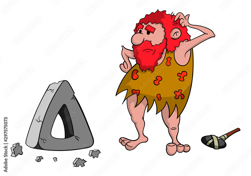 Cartoon caveman who is having trouble figuring out how to make a wheel ...