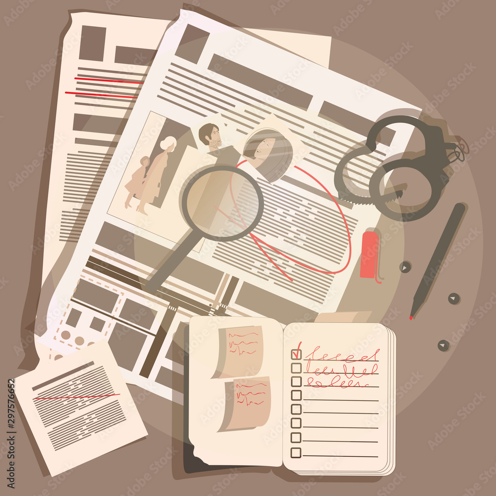 detective; detection; element; face; illustration; crime; article ...