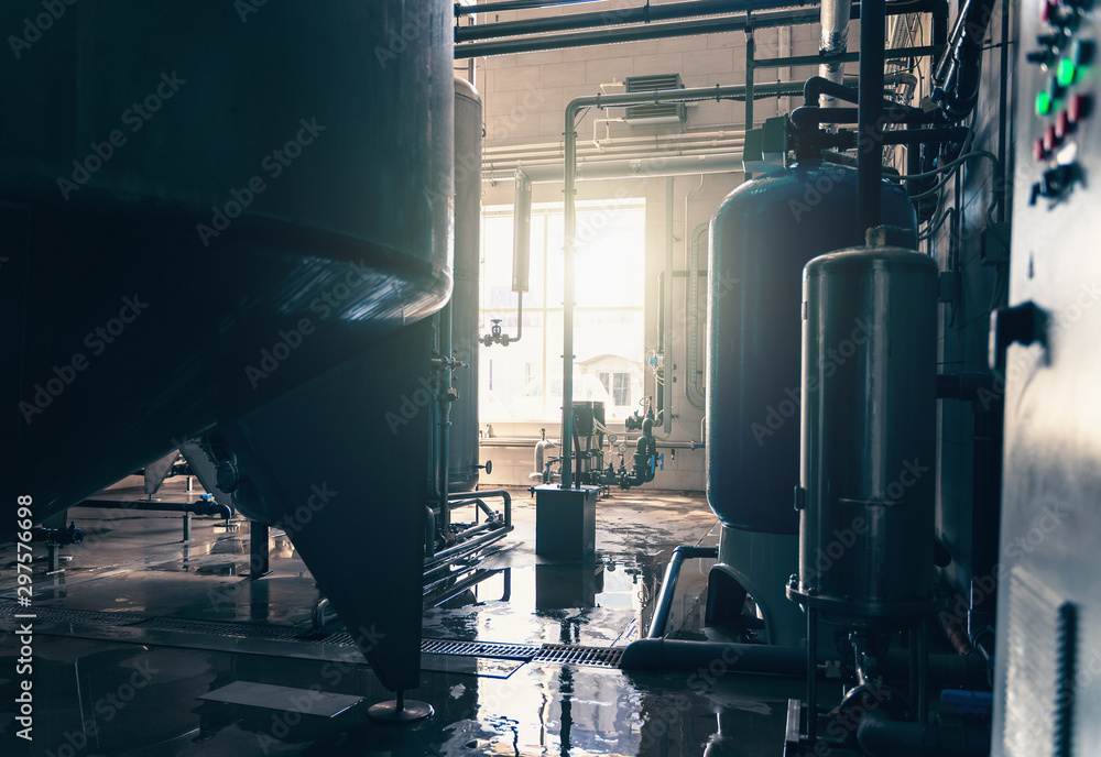 Drinking water factory or plant production, industrial interior. Large ...