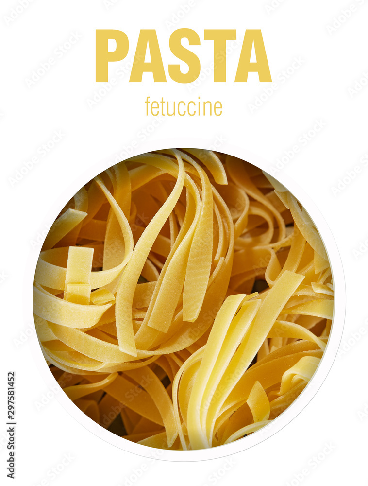 Pasta fetuccine of yellow color, located behind a round hole with ...