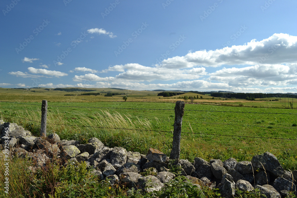Buron et paysage du plateau de l'Aubrac dans l'Aveyron, Massif Central ...