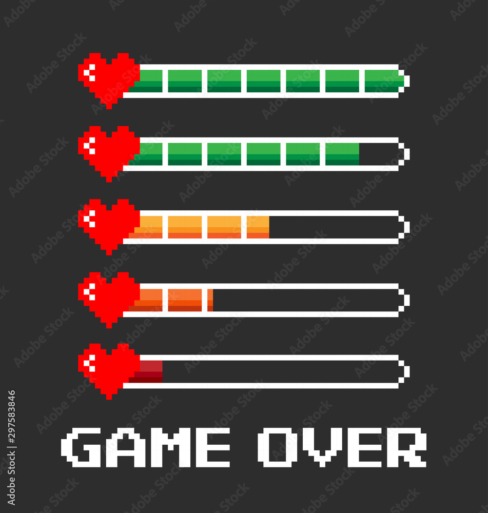 Vecteur Stock Pixel game life bar isolated on black background. Vector ...