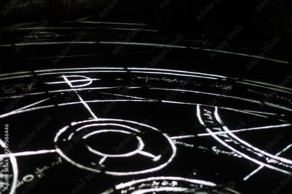 Black floor with alchemy symbol. Mysterious scheme on dark background ...