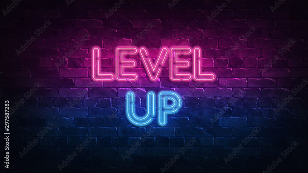 Illustrazione Stock Level Up neon sign. purple and blue glow. neon text ...