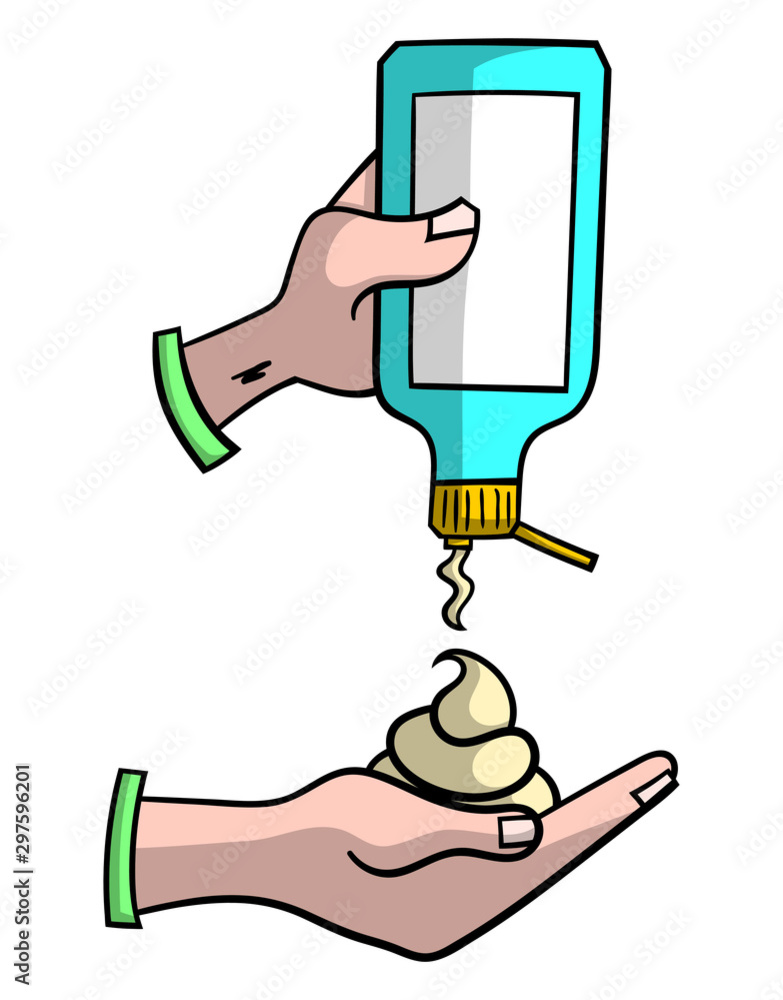 Cartoon style illustration of hand squeezing cream from a bottle into ...