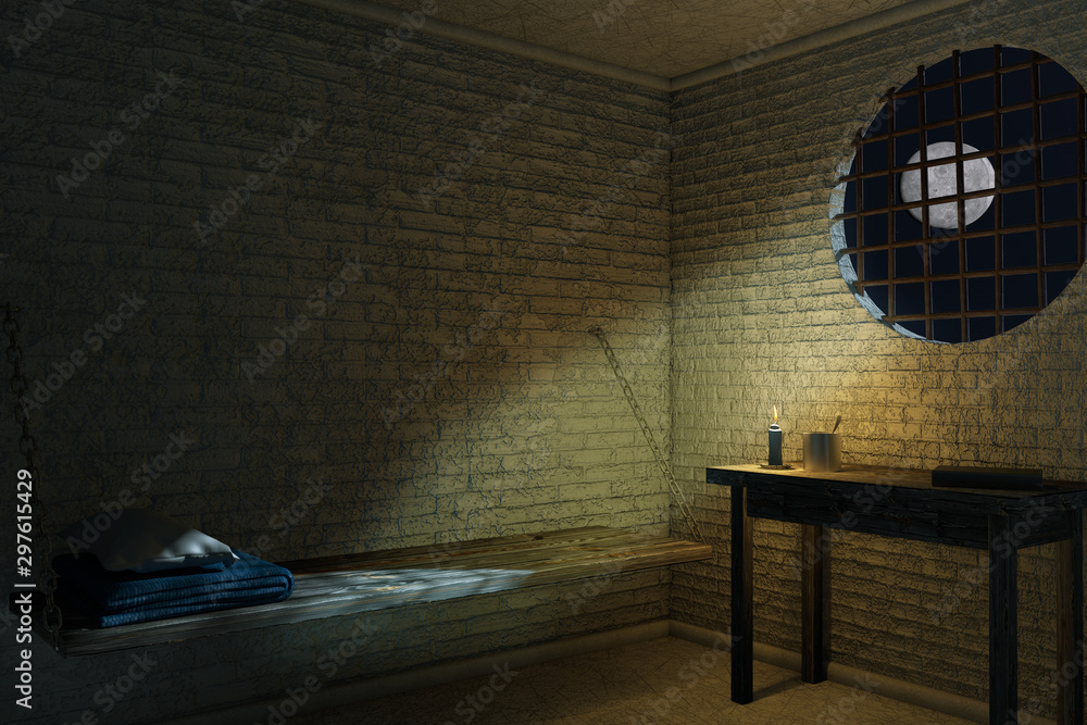 Dark Old Prison Cell Interior for One Person with Bed and Table. 3d ...