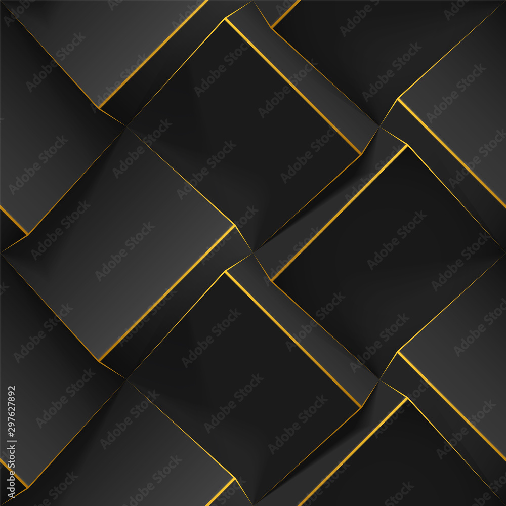 Dark Abstract Seamless Geometric Pattern Realistic 3d Cubes With Thin Golden Lines Vector