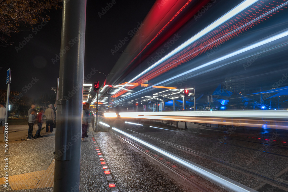 Traffic light trails from tram in downtown of Izmir,Turkey. - Image ...