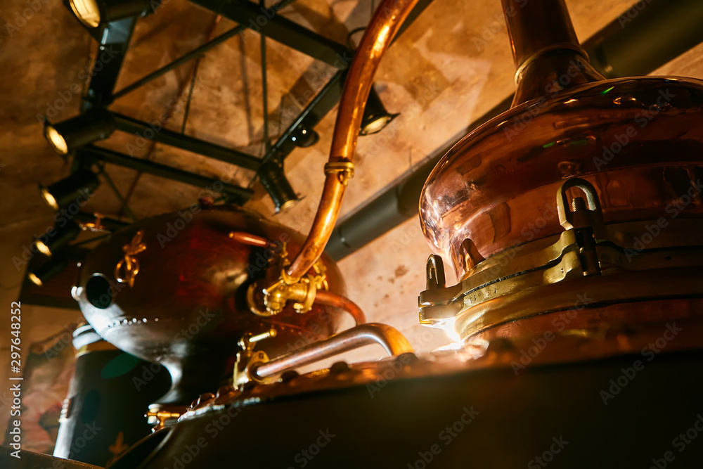 Detalis of medieval traditional distiller cube made from copper ...