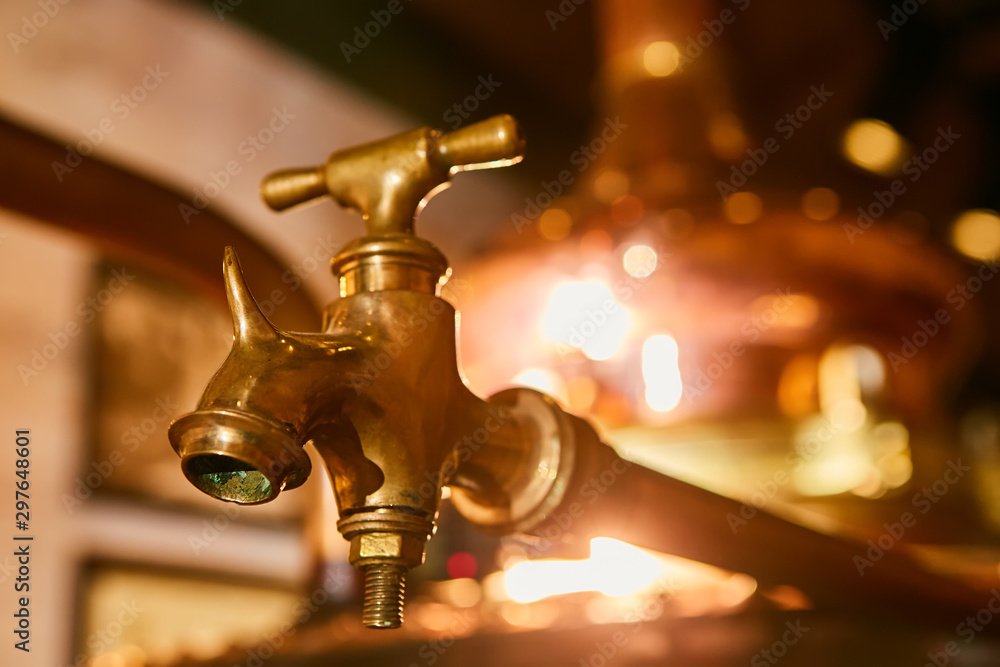 Detalis of medieval traditional distiller cube made from copper ...