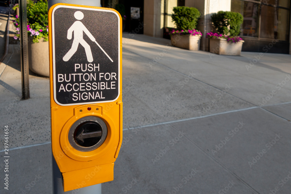 City crosswalk post button for the blind sign reads push button for ...