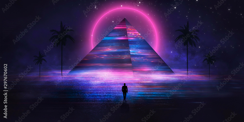 Futuristic abstract night neon background. Light pyramid in the center ...