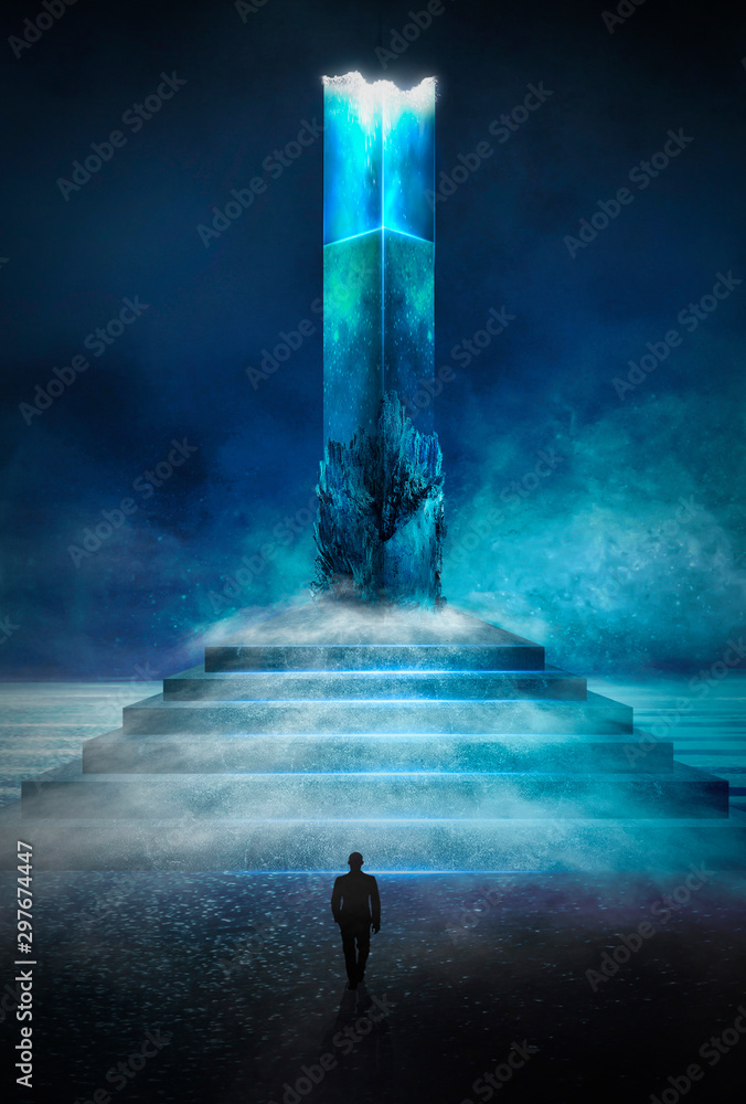 Dark abstract futuristic background. Dark Scene. Step up, large magic ...