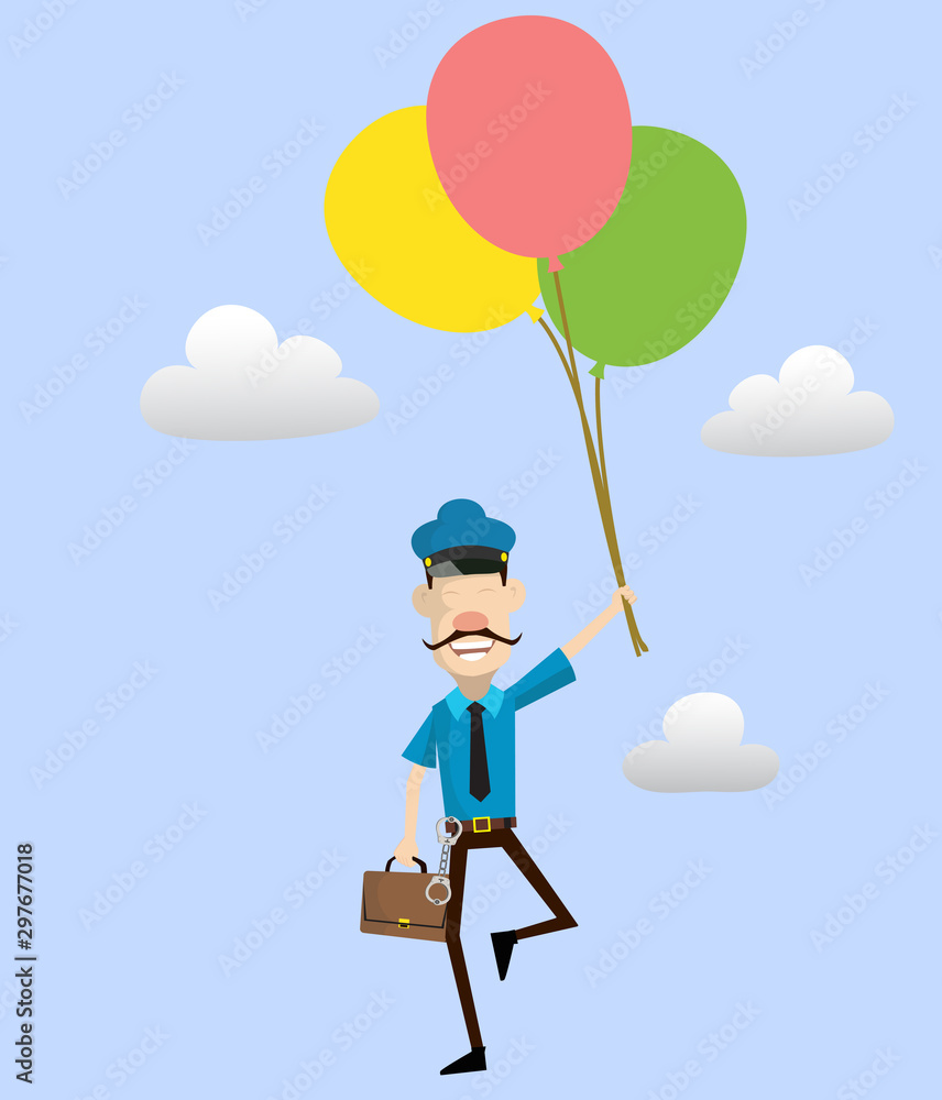 Cartoon Cop Policeman - Flying with Balloons Stock Vector | Adobe Stock