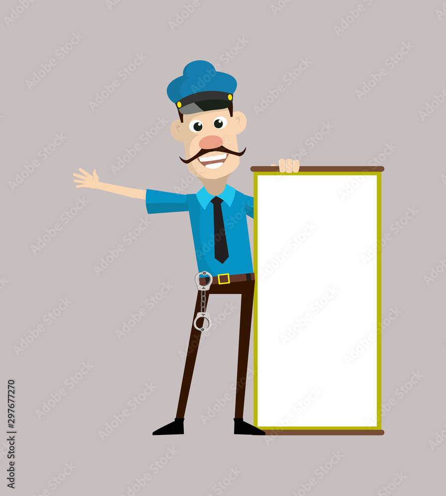 Cartoon Cop Policeman - Joyfully Presenting a Blank Board Stock Vector ...