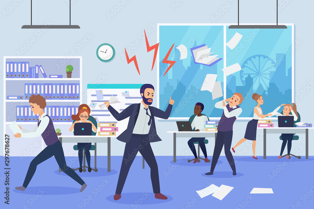 Angry boss in office flat vector illustration. Frightened employees ...