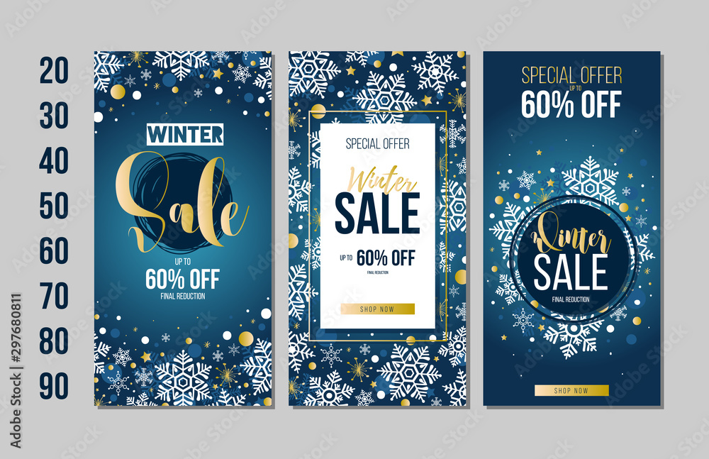 Set of winter sale flyer template with lettering, snowflakes on black ...