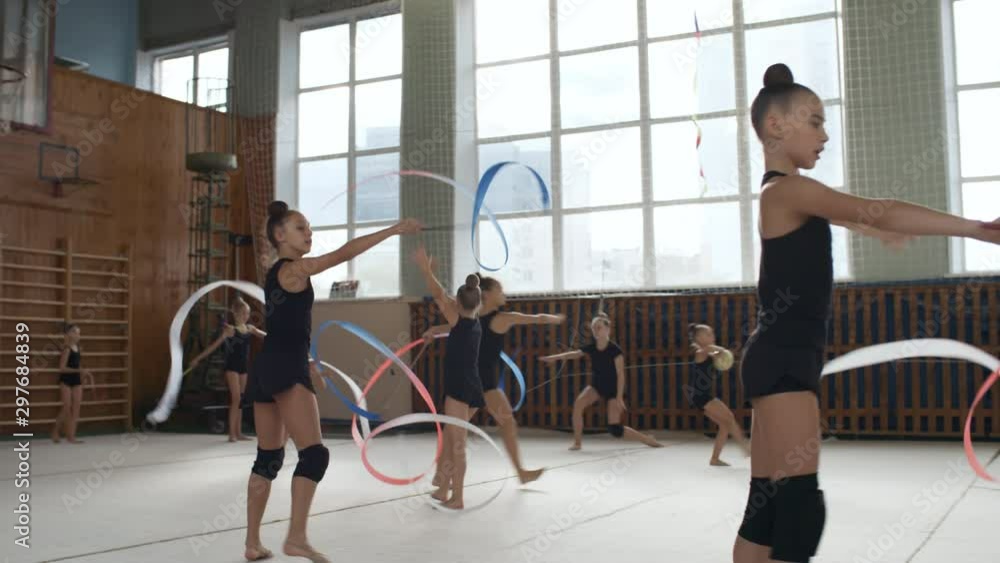 Group of athletic young teenage girls in sportswear rehearsing rhythmic ...