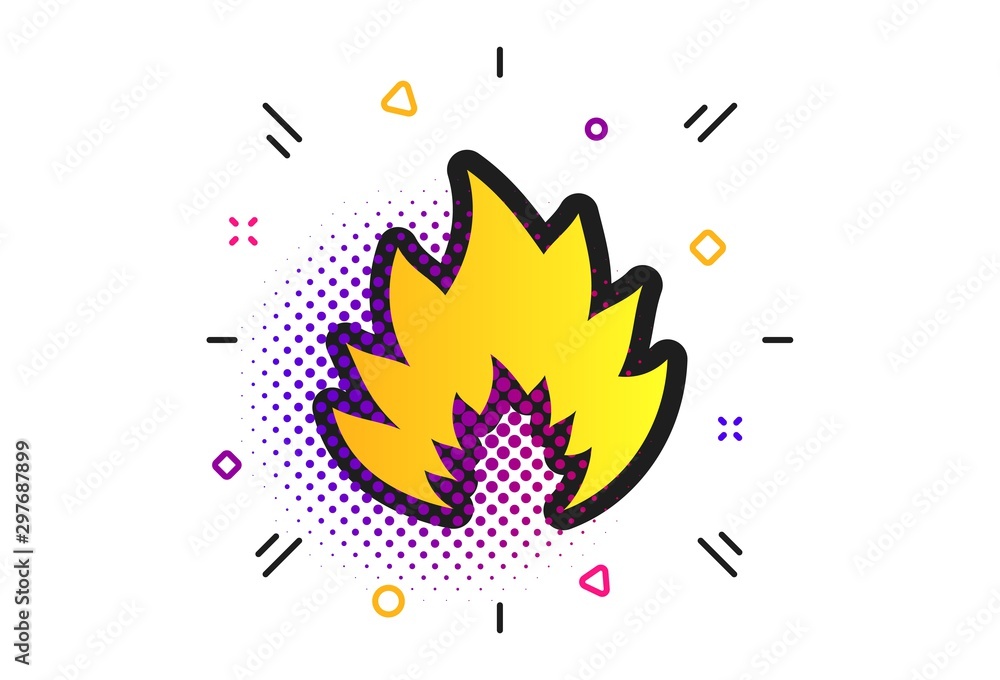 Fire flame sign icon. Halftone dots pattern. Heat symbol. Stop fire ...