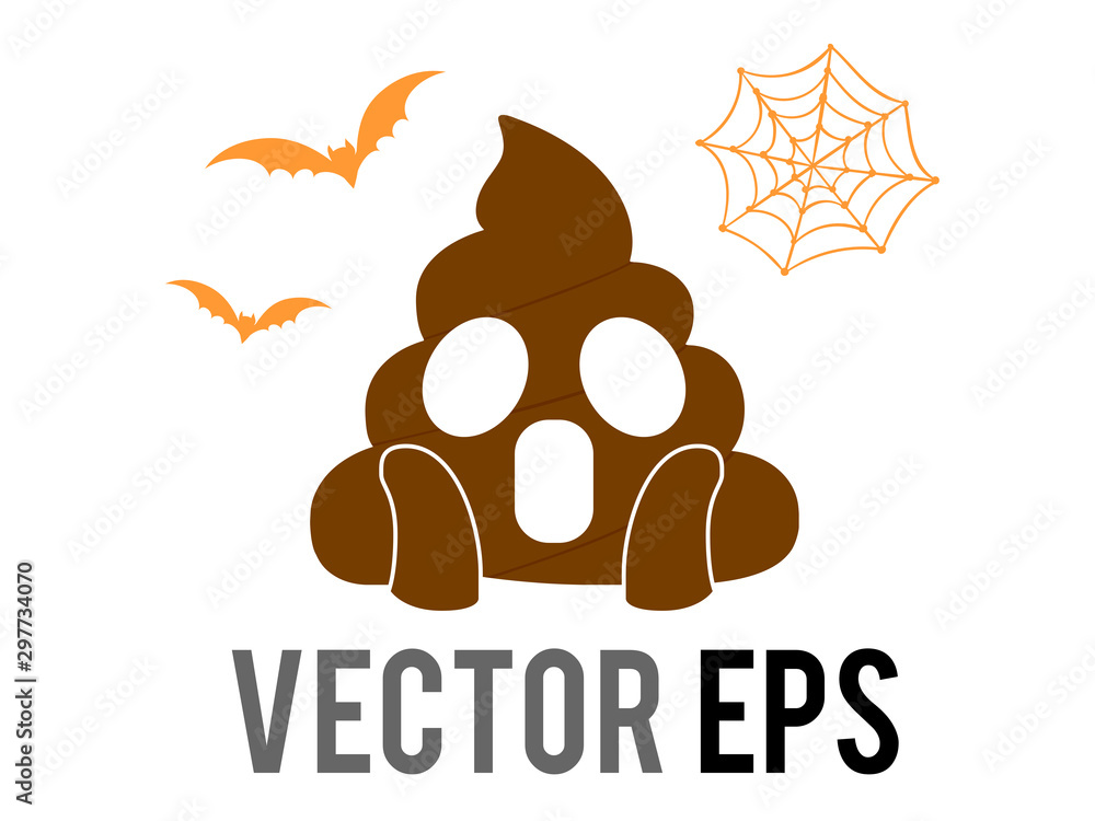 Halloween brown scary shit face flat emoji icon with bat and spider net ...
