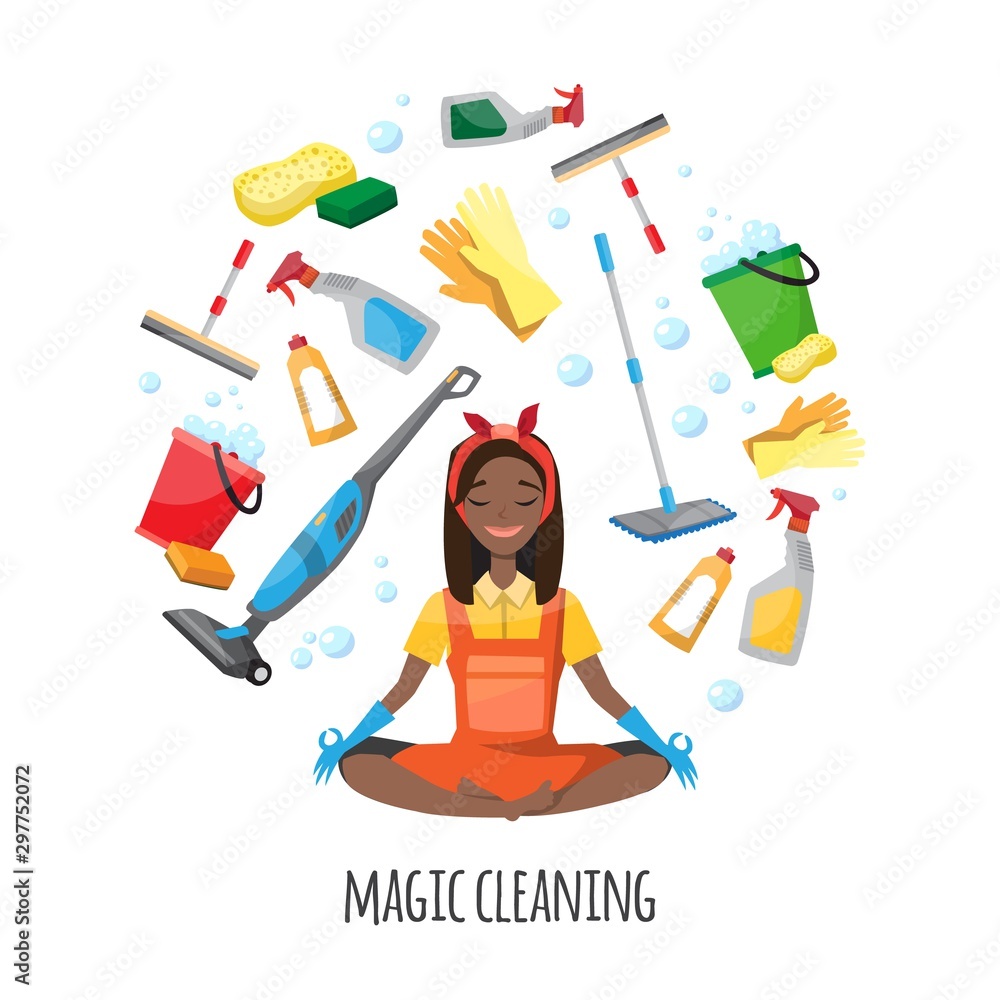 set of cleaning tools and housewife. Vector illustration of black ...