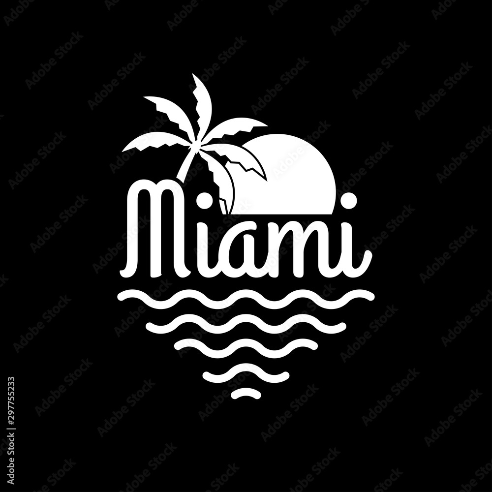 Miami logo. Miami beach banner with palm, sun and sea. T-shirt ...