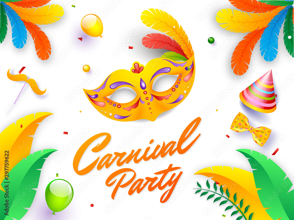 Calligraphy text Carnival Party with mask, hat, bow tie, balloons and ...