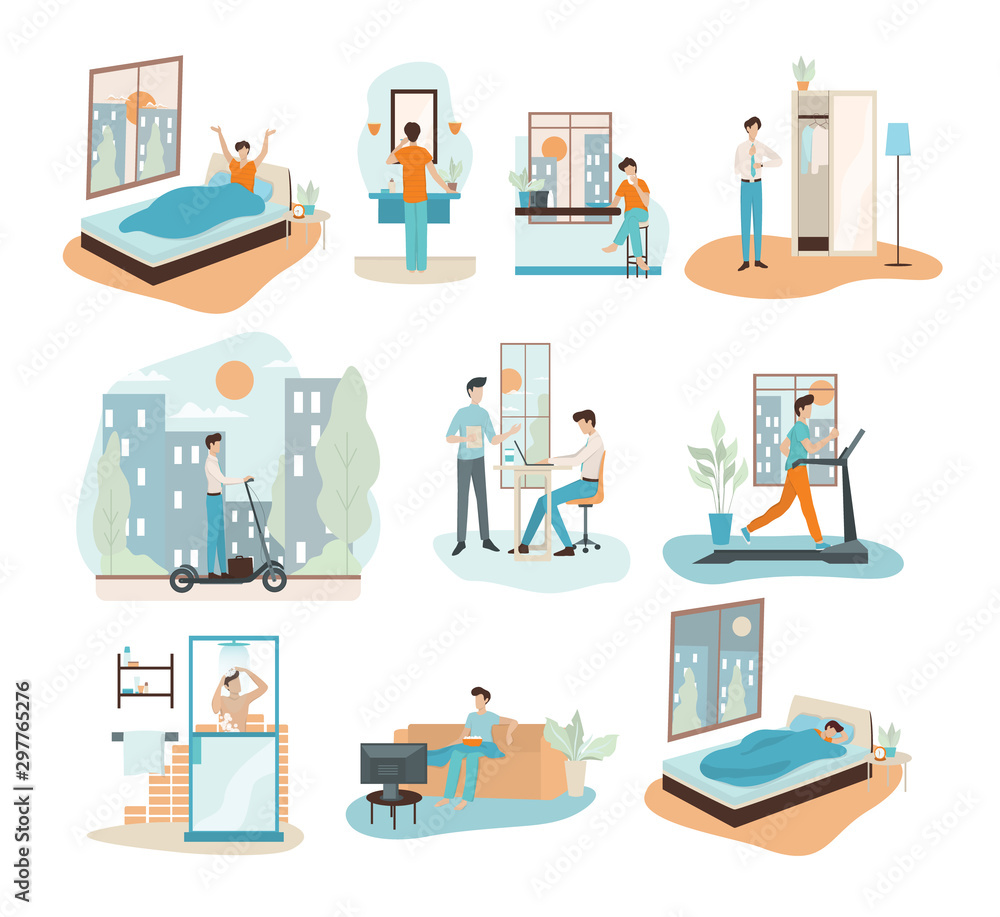 Daily routine of a man set. Isolated vector illustration in cartoon ...